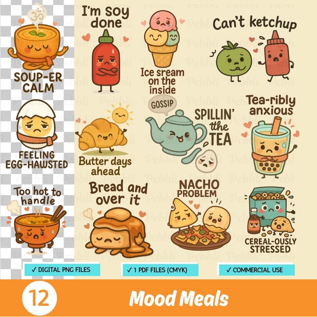 Kawaii Mood Meals – Funny Food Pun Stickers for Planner & Journal - Etsy