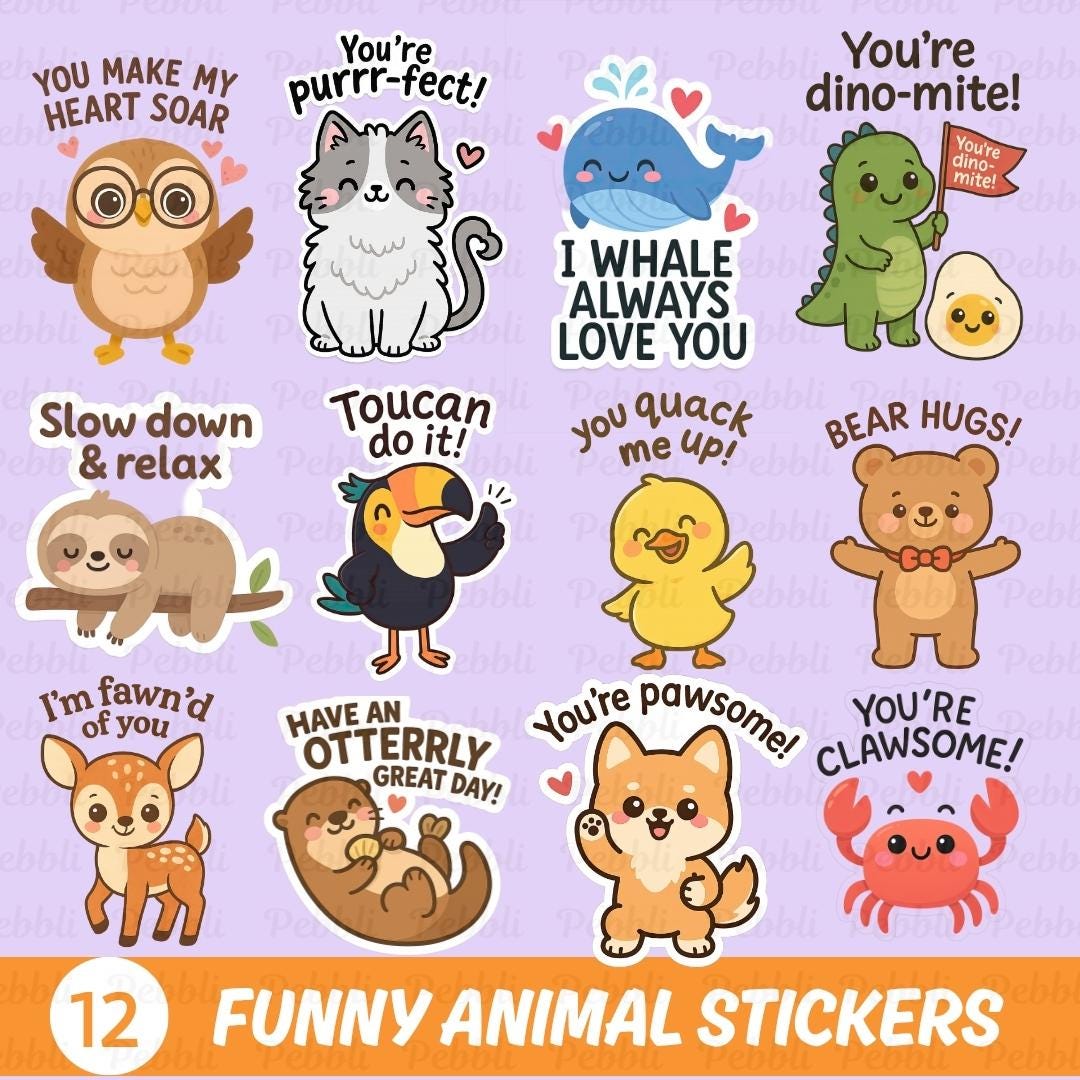 Funny Animal Pun Stickers, Kawaii Clipart (digital Download) - Etsy