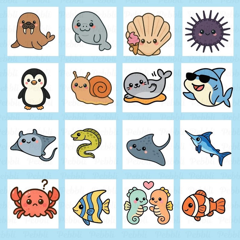 Cute Ocean Animals Clipart PNG – Kawaii Sea Creatures, Digital Stickers ...