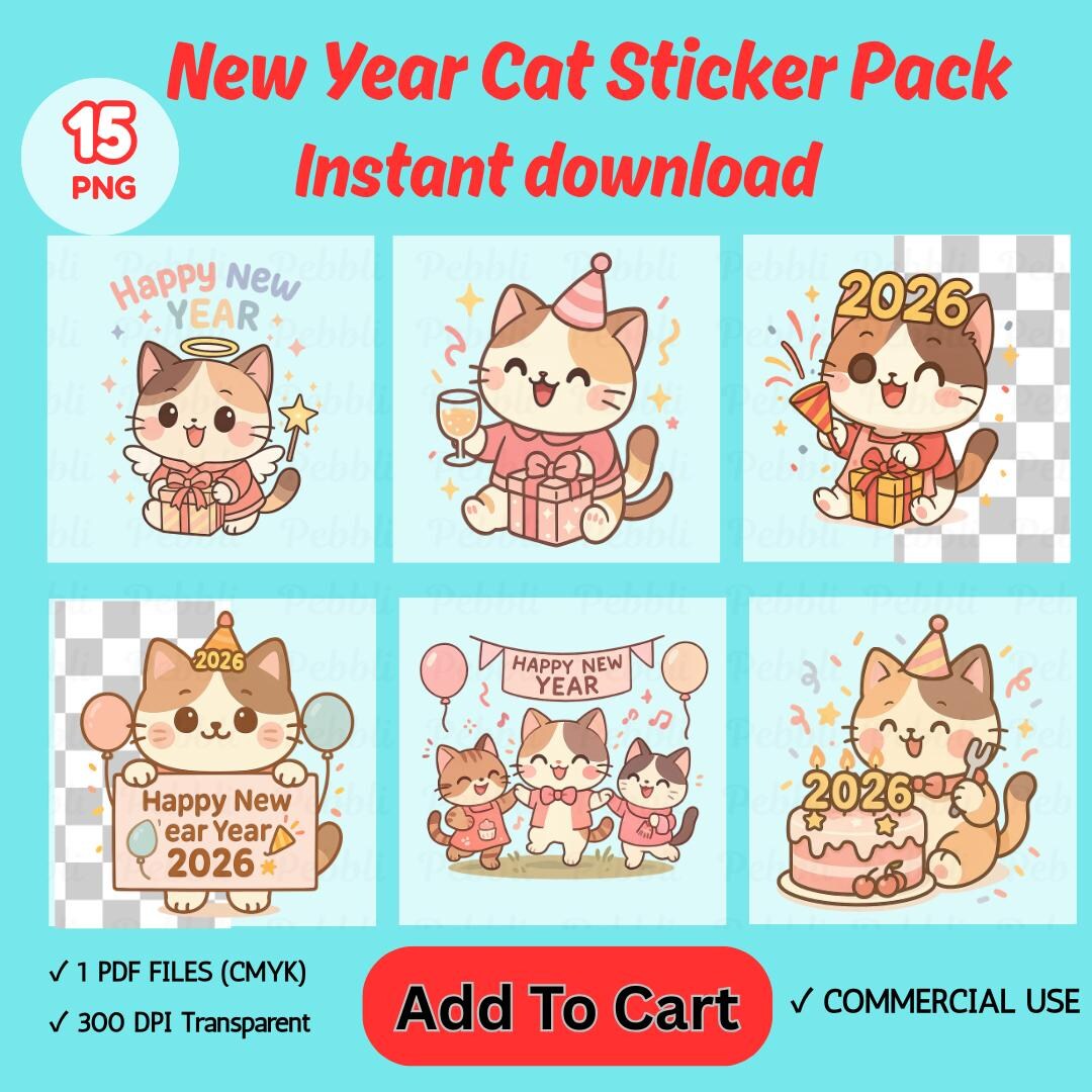 New Year 2026 Cat Stickers – Kawaii Party Clipart for Planner ...