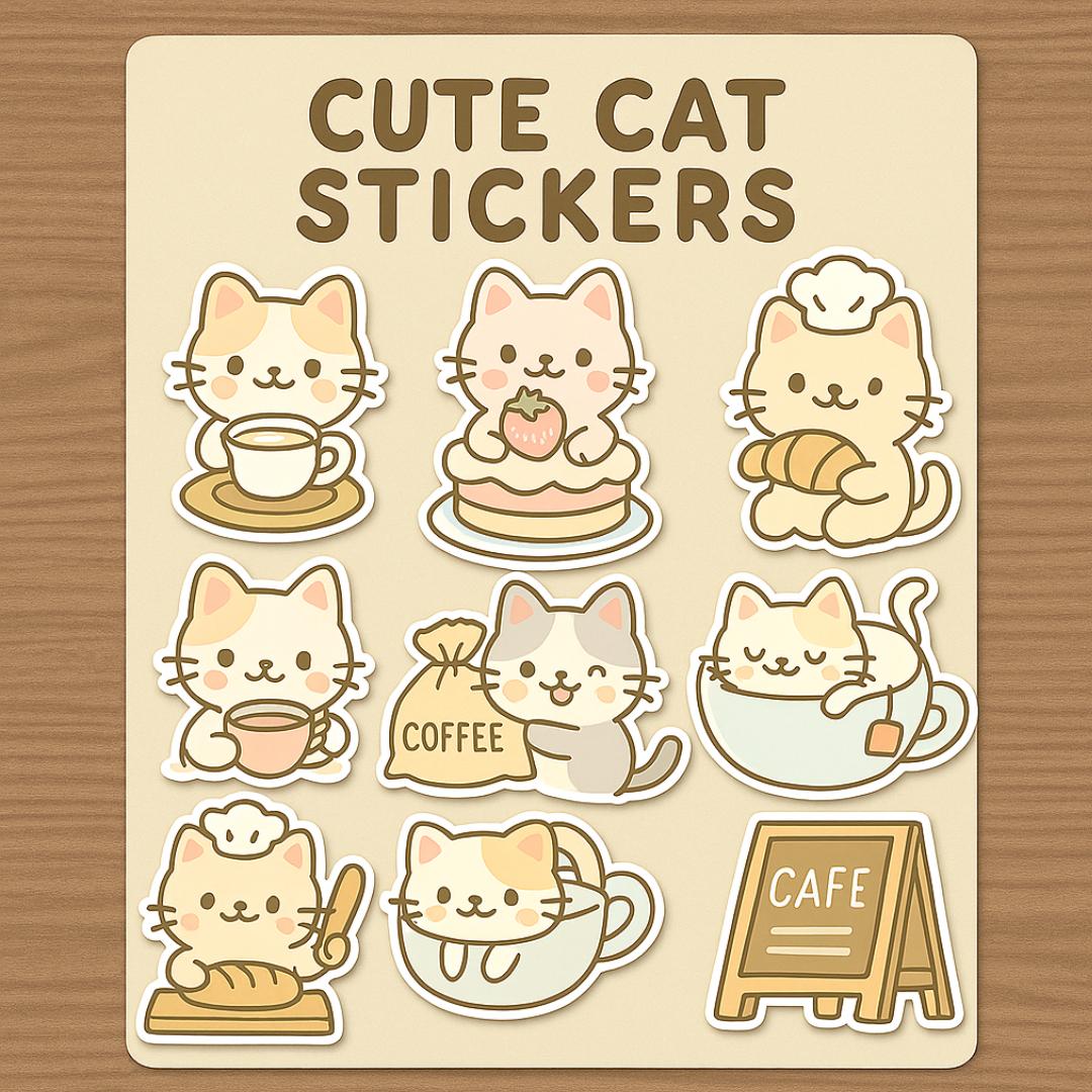 Kawaii Cat Cafe Sticker Set | Cute Coffee Shop Cat Stickers | Printable ...