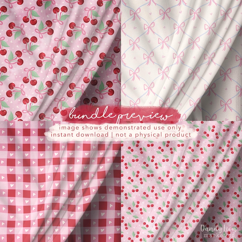 Cherry Coquette Seamless Pattern Bundle: Hand-drawn Pink Picnic Designs ...
