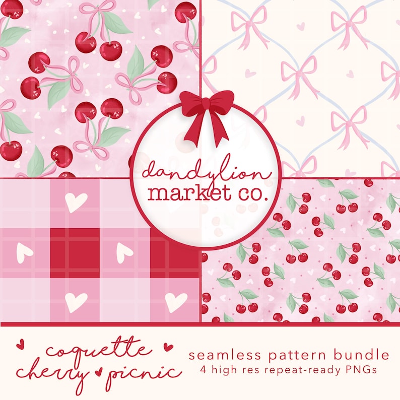Cherry Coquette Seamless Pattern Bundle: Hand-drawn Pink Picnic Designs ...