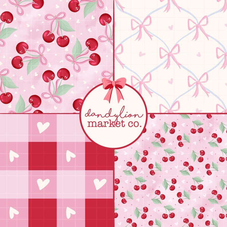 Cherry Coquette Seamless Pattern Bundle: Hand-drawn Pink Picnic Designs ...