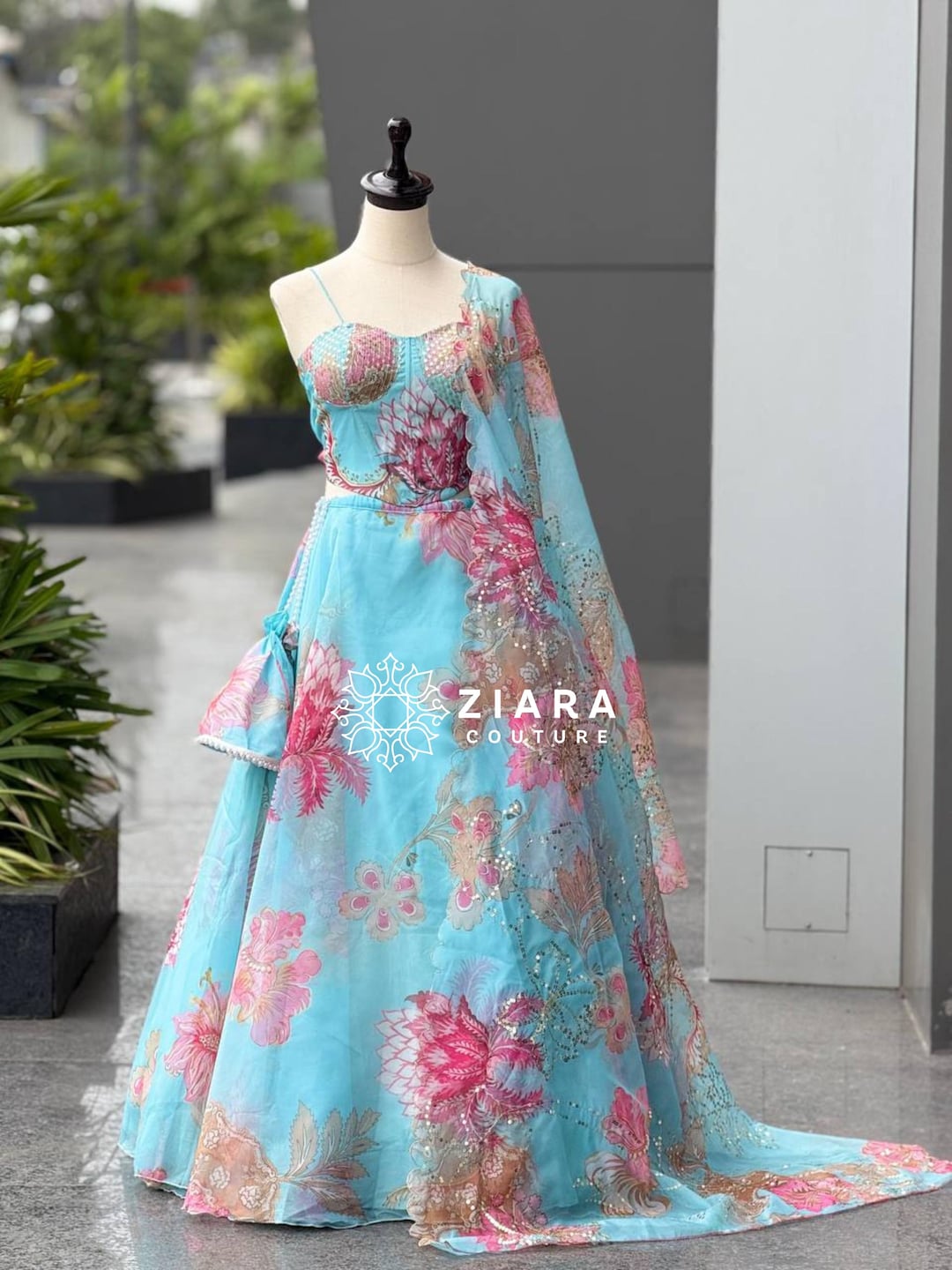 Sky Blue Organza Lehenga Choli Set: Digital Print Wedding Outfit - Etsy
