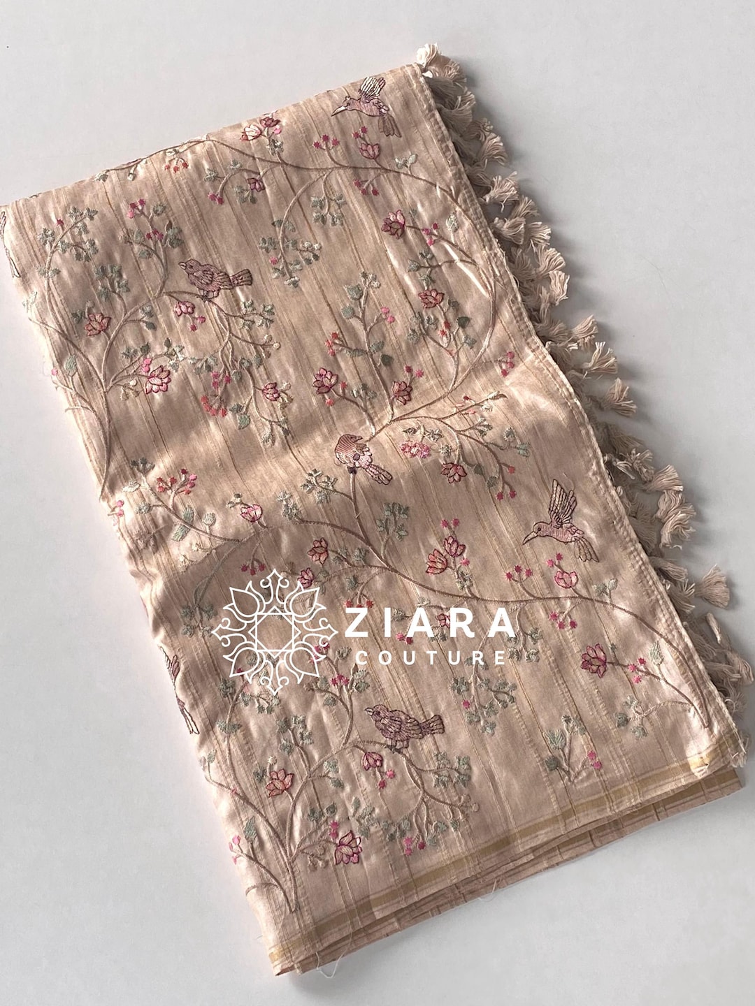 Beige Hand Made Pure Loom Tussar Silk Saree With Tassels, Traditional ...