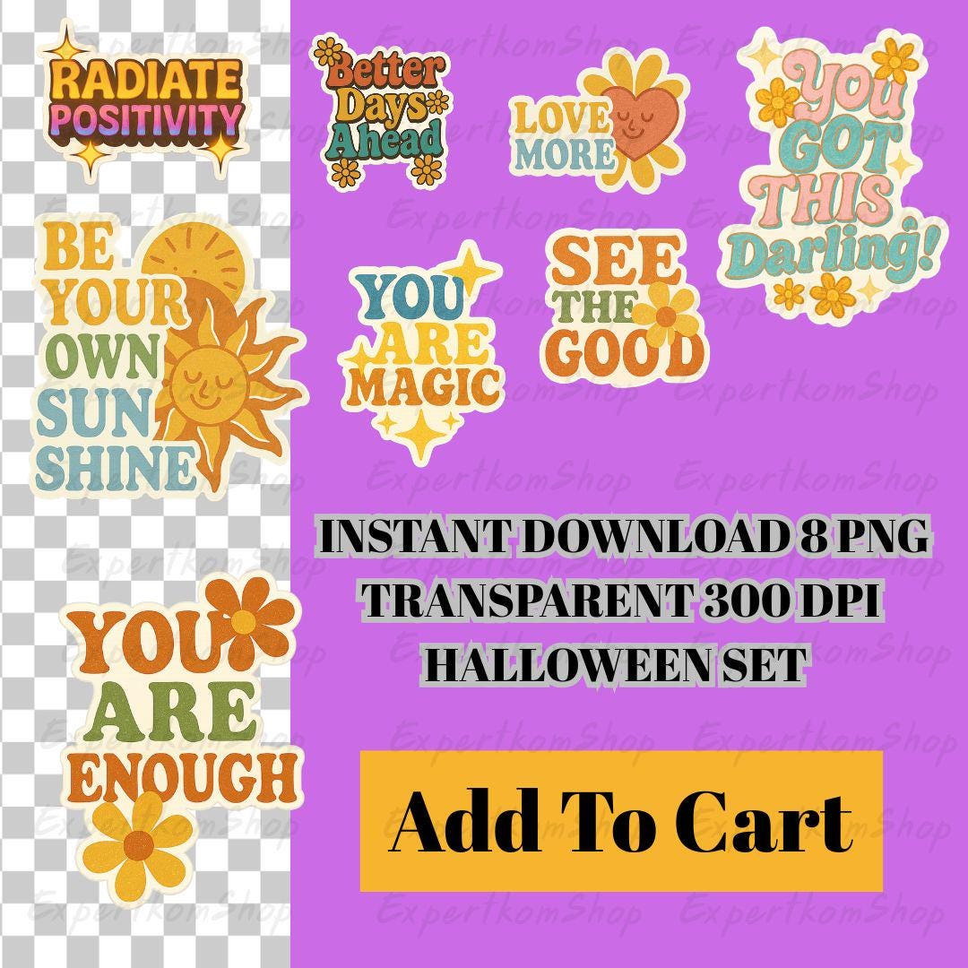 Retro Kitsch Positive Quote Stickers PNG Bundle 8 High Resolution 300 ...
