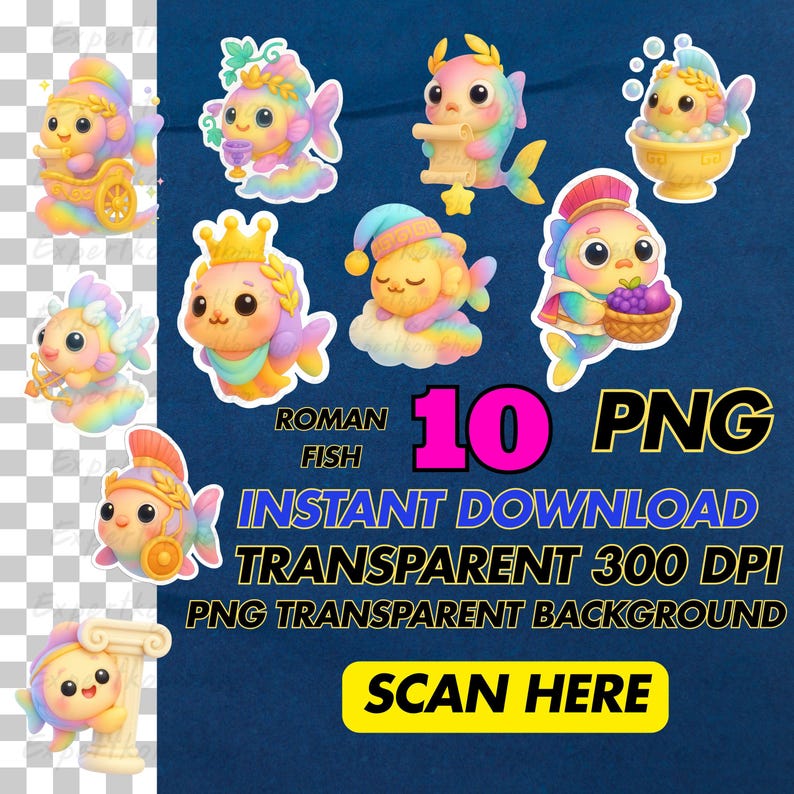 Kawaii Roman Fish Clipart Set – 10 PNG Stickers | Cute Rainbow Pastel ...