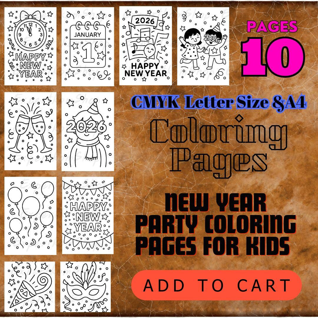 New Year Party Coloring Pages for Kids | A4 & Letter Size (10 Sheets ...