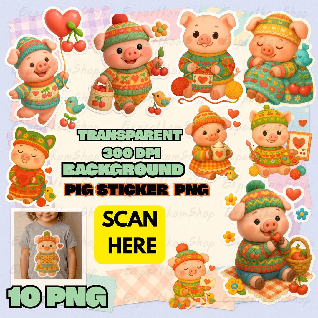 Kawaii Pig Sticker Set PNG Cute Retro Pig Clipart 300 DPI Transparent ...