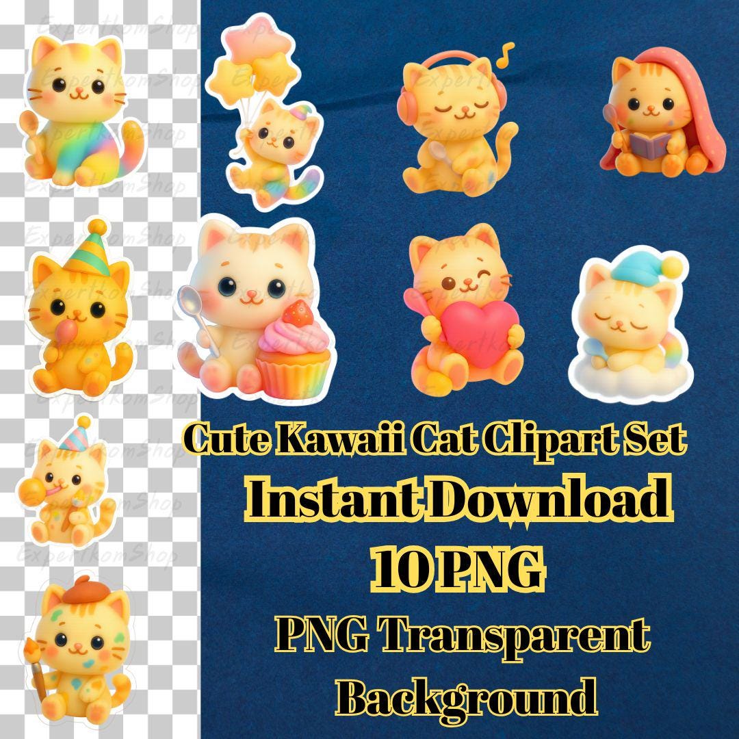 Cute Cat Clipart Set 10 PNG Stickers Transparent Background 300 DPI ...