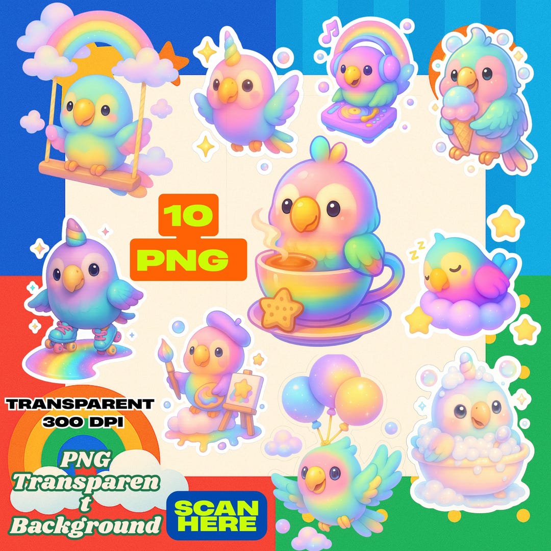 Kawaii Parrot Sticker Bundle PNG Cute 3D Pastel Parrots Transparent ...