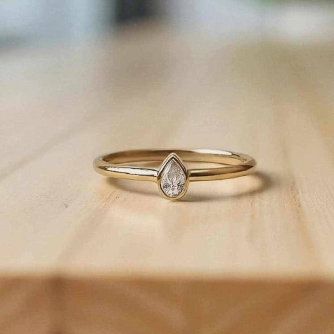 14K Gold Engagement Band | Minimalist Gold Pear Moissanite Ring | Gift ...