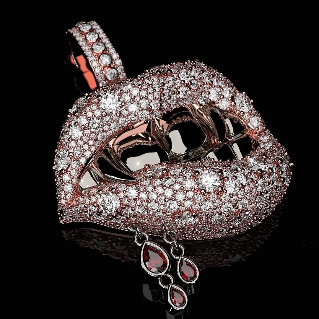Iced Out Lips Pendant With Cuban Chain – 925 Silver & Moissanite ...