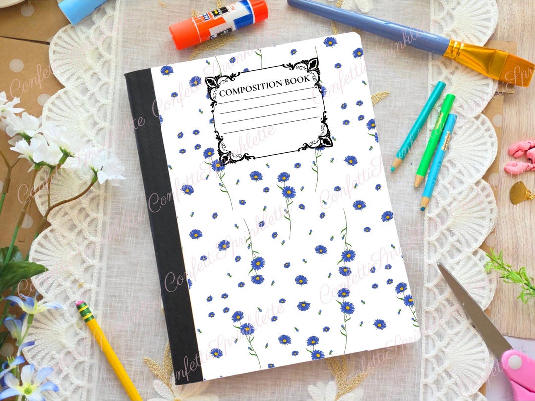 Blue Floral Notebook Cover | Printable Composition Book PNG | Back to ...