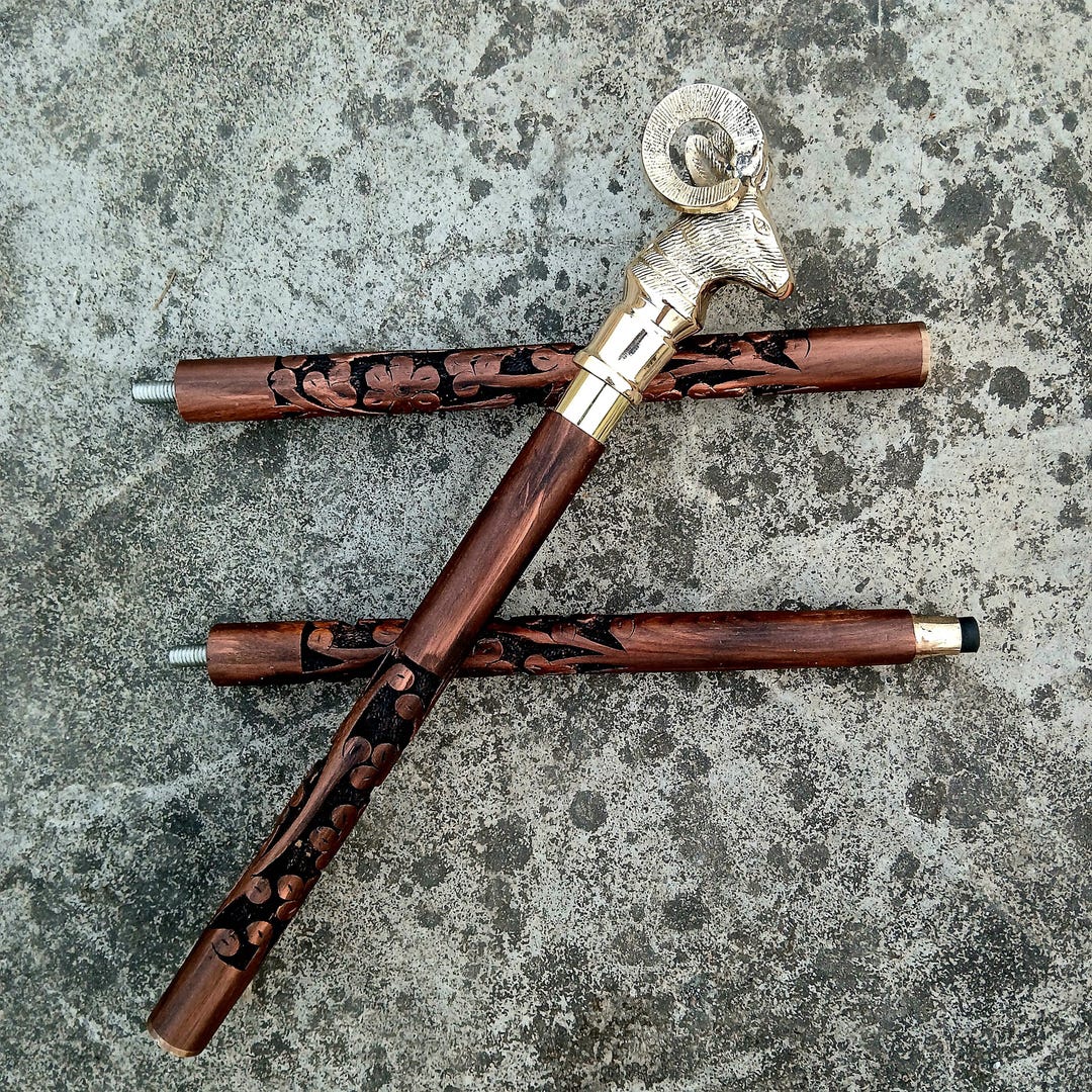 Handmade Wooden Walking Cane | Brass Ram Head, Vintage Style - Etsy