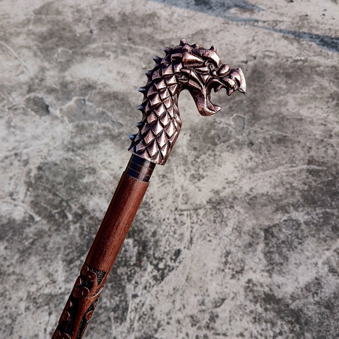 Personalized Hand Carved Wooden Walking Cane, Dragon Handle, Fantasy ...