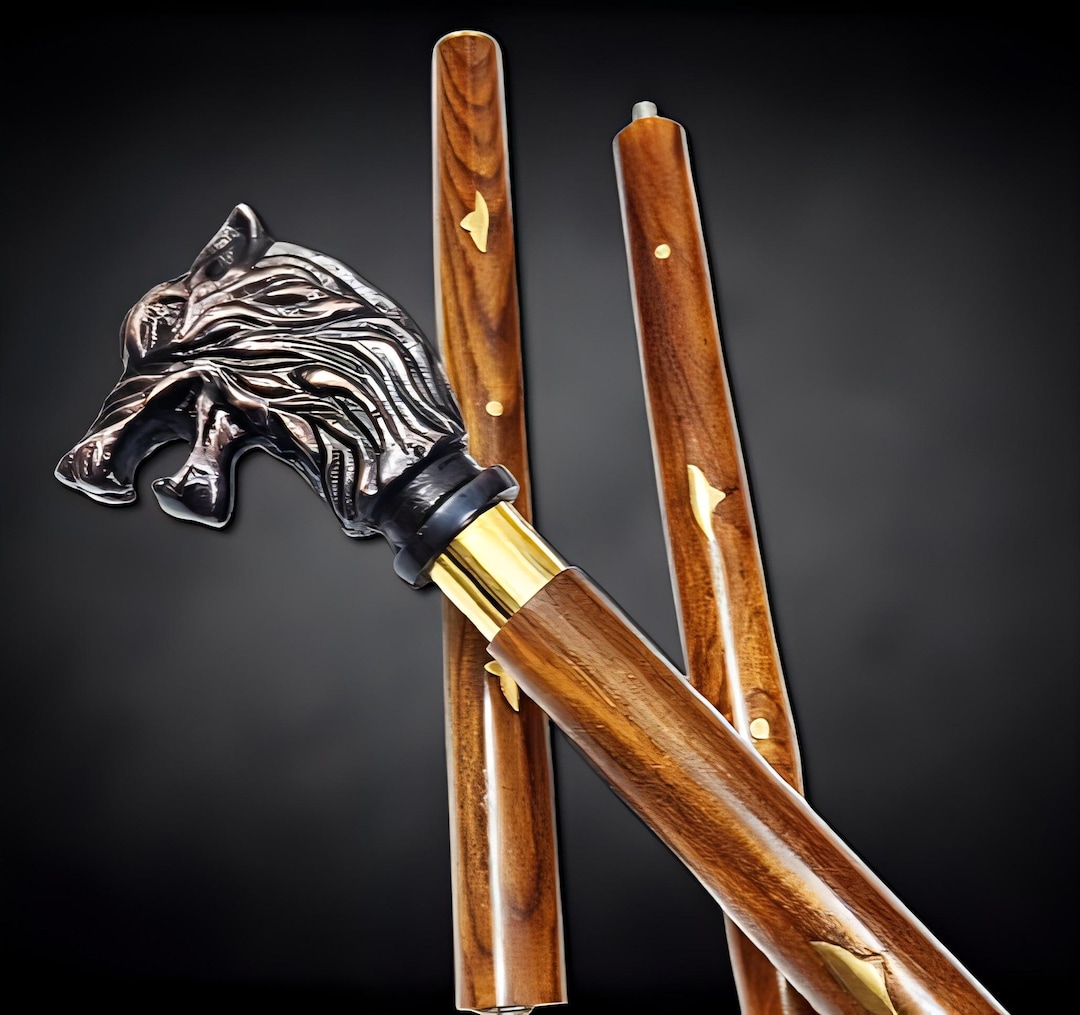 Handmade Wolf Head Walking Cane | Medieval Style Wooden Stick - Etsy