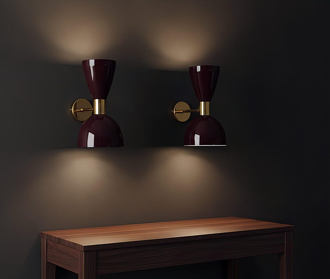 Personalized Mid Century Modern Wall Sconce Set: Burgundy & Brass ...