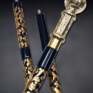 Personalized Luxury Black & Gold Floral Walking Cane | 3-fold ...