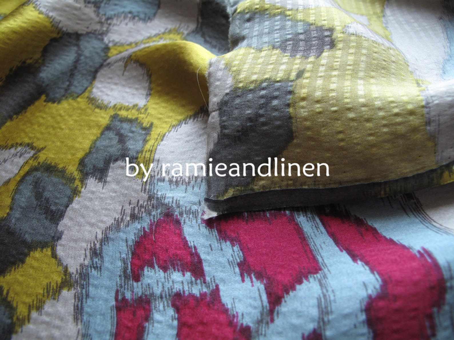 Silk fabric deep pink and blue roses on mustard yellow silk | Etsy