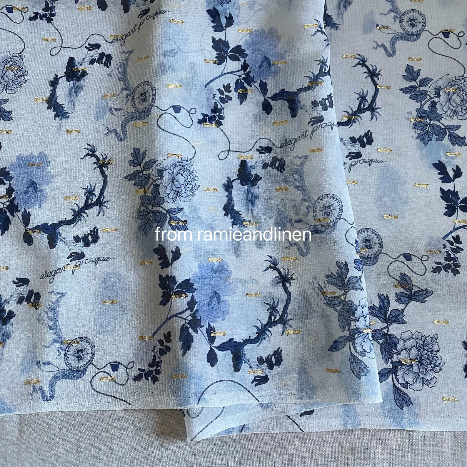 Silk Fabric, HARD YARD by 55" Wide, Vintage Style Pattern China Blue ...