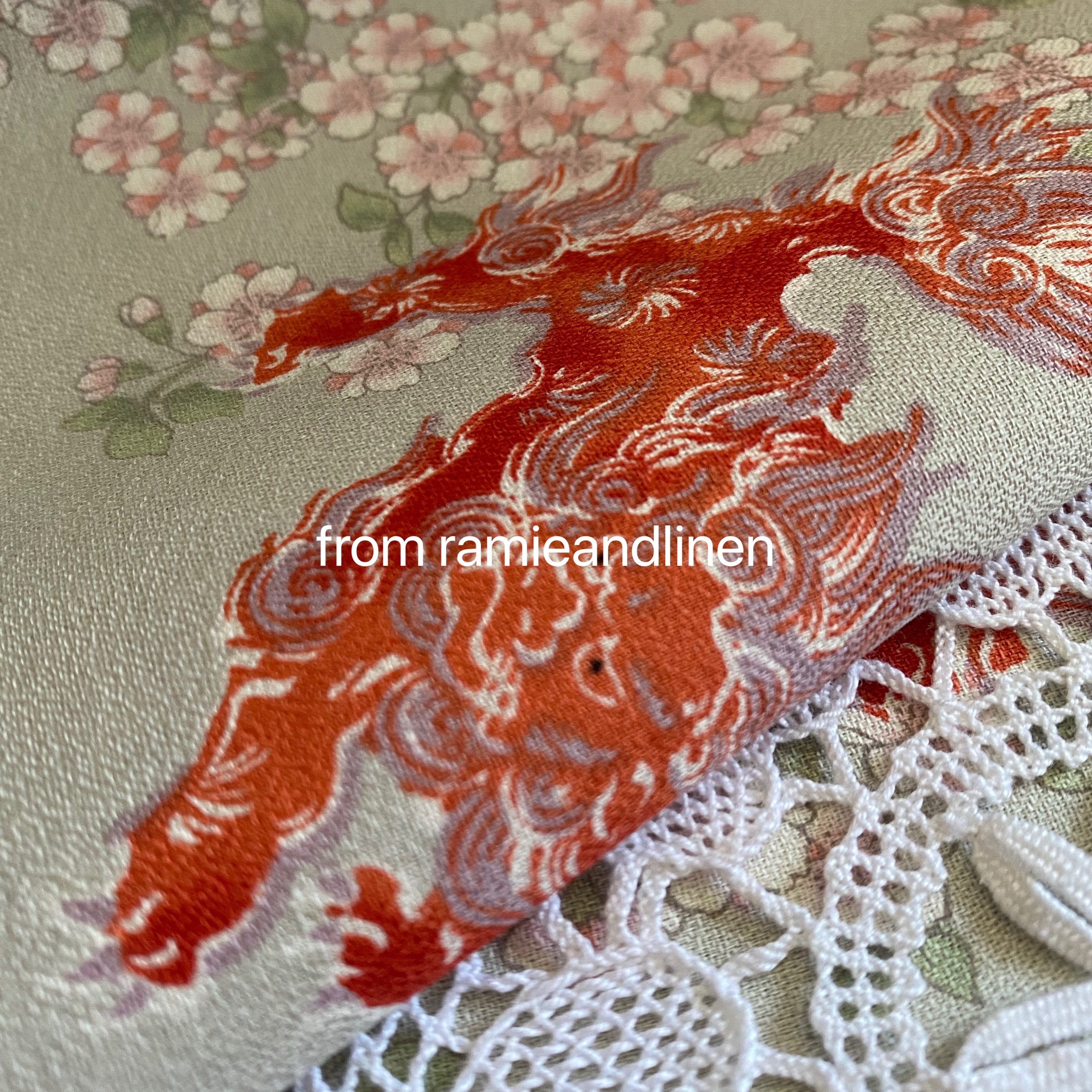 Japanese Cotton Crepe Fabric, Red Kylin and Sakura Print Cotton Kimono ...