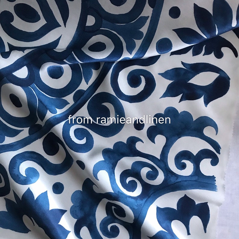 Silk Fabric China Blue Floral Pattern Print Silk Cotton Blend | Etsy