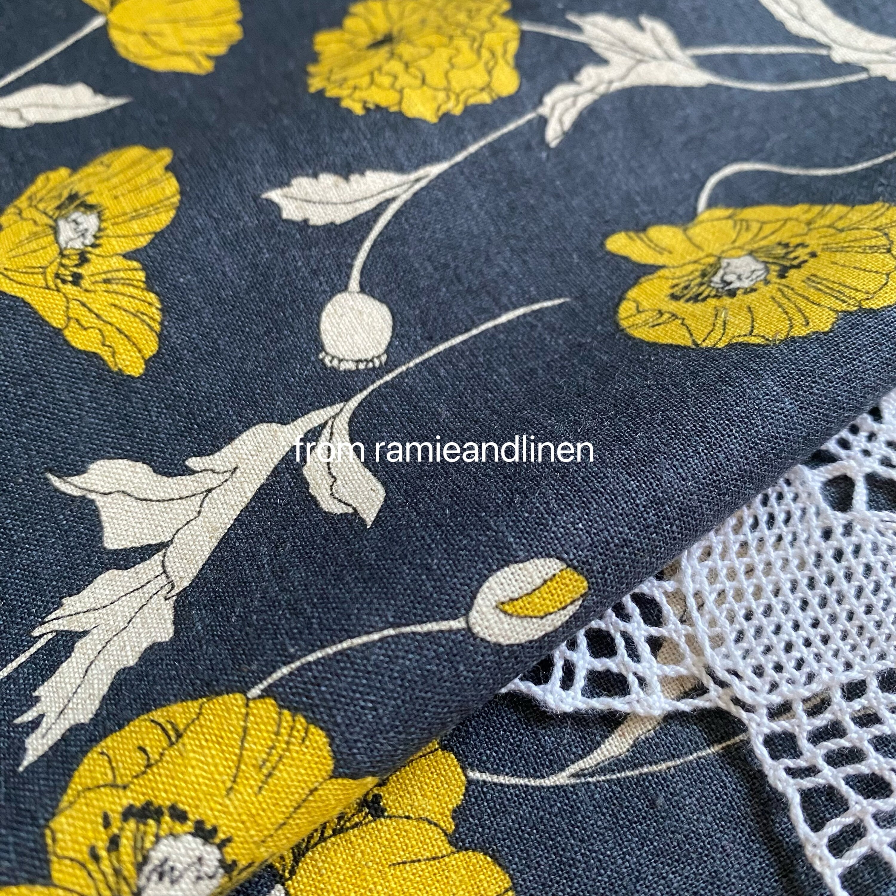 Japanese Linen Fabric, Line Drawing Style Yellow Poppy Flowers Print ...