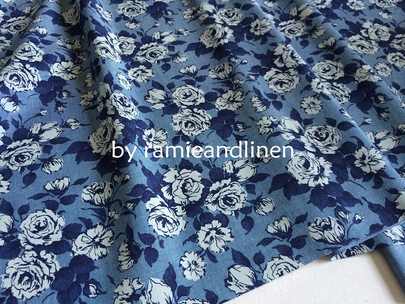 LIBERTY Art Fabric, CARLINE A CHAMBRAY, Rose Print Denim Cotton Fabric ...