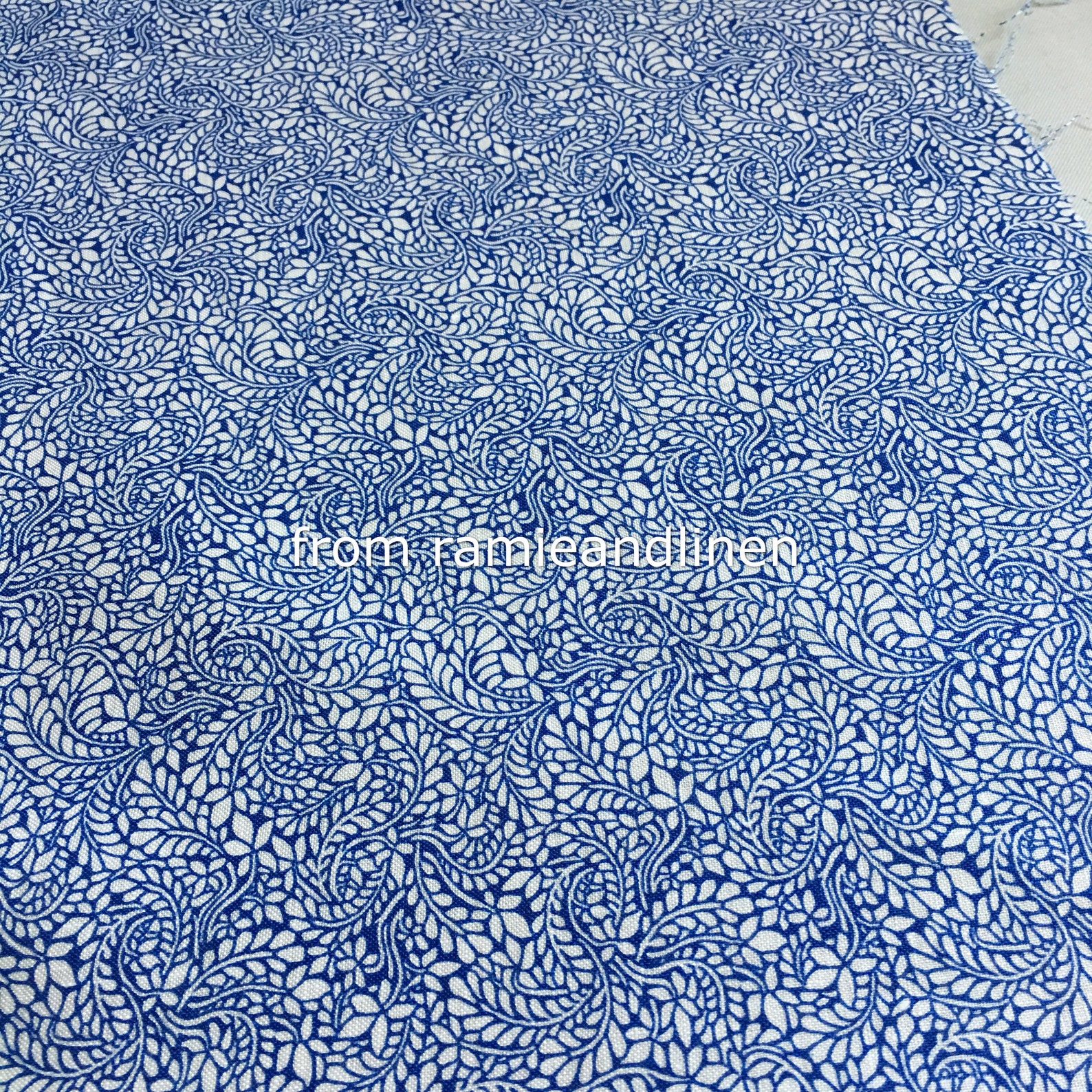 Japanese Linen Fabric, Blue Scroll Grass Pattern Print Fine Linen ...