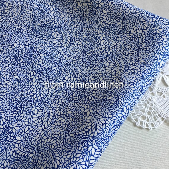 Japanese Linen Fabric Blue Scroll Grass Pattern Print Fine | Etsy