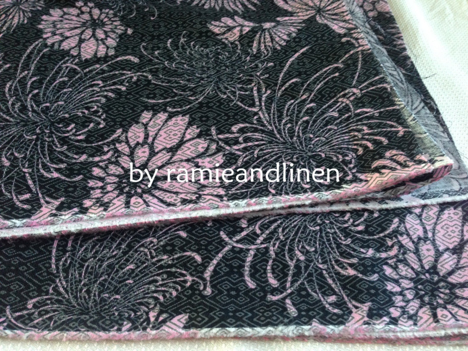 Japanese vintage style pink floral print on grey/black cotton | Etsy