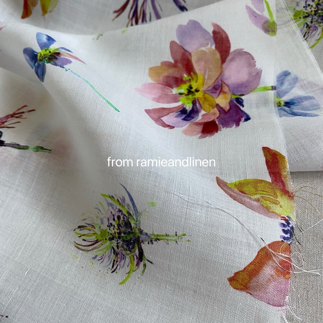 Ramie Fabric, Digital Print, Watercolor Flowers Print, High Count Fine ...