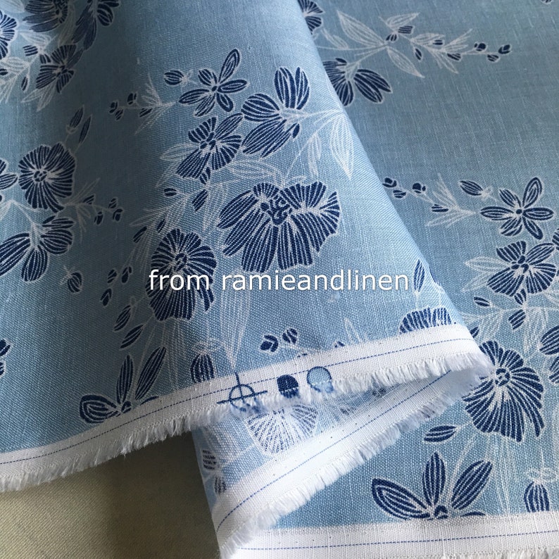 Linen Fabric, Blue Floral Print Linen Fabric, Half Yard by 53" Wide - Etsy