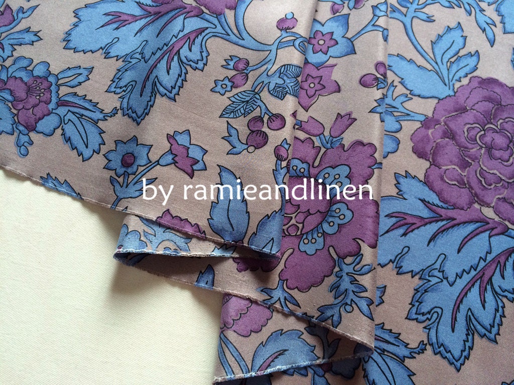 Silk fabric blue and violet flowers on purple gray 100% | Etsy