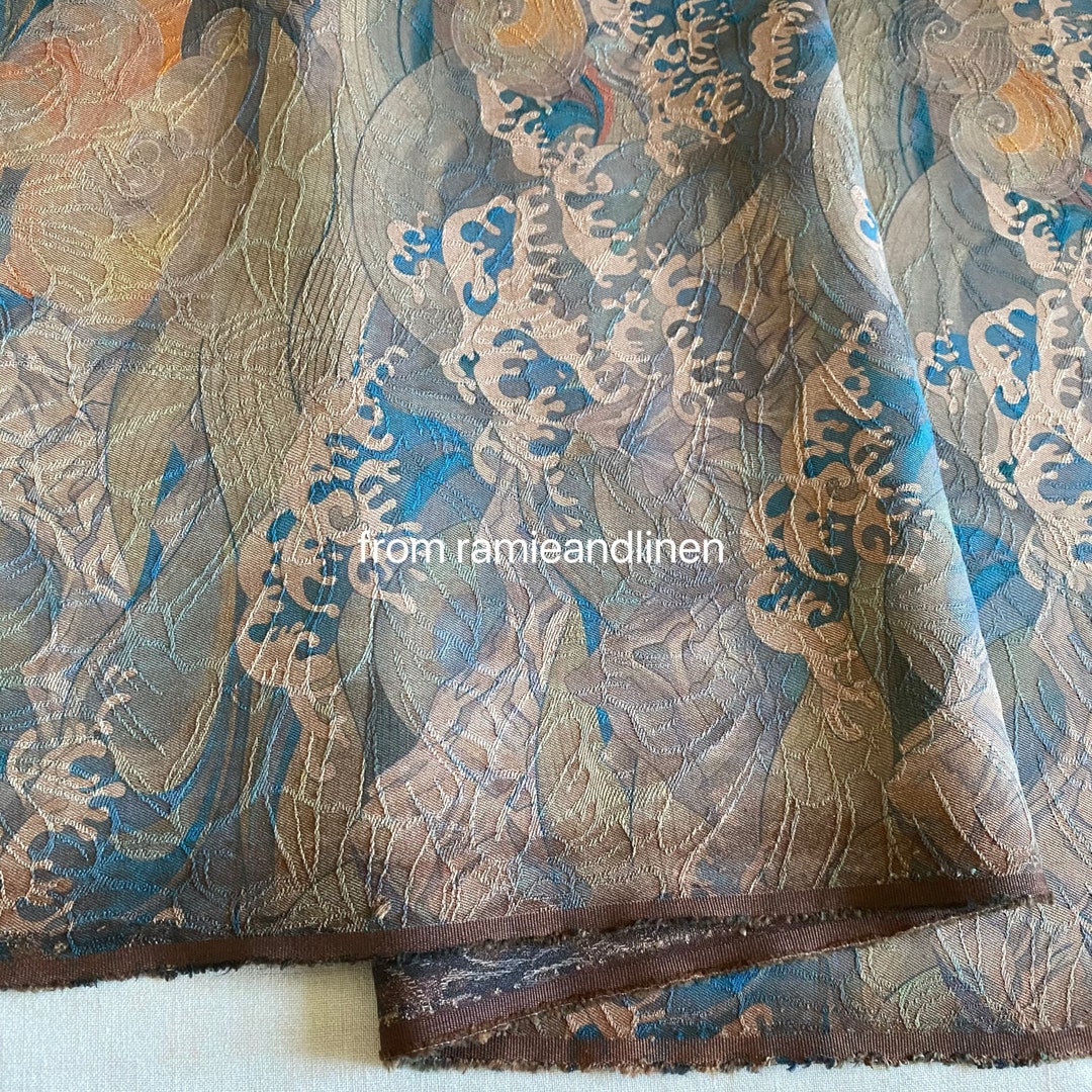 Silk Fabric, Traditional Mountain Ocean Waves Print, Flower Jacquard ...