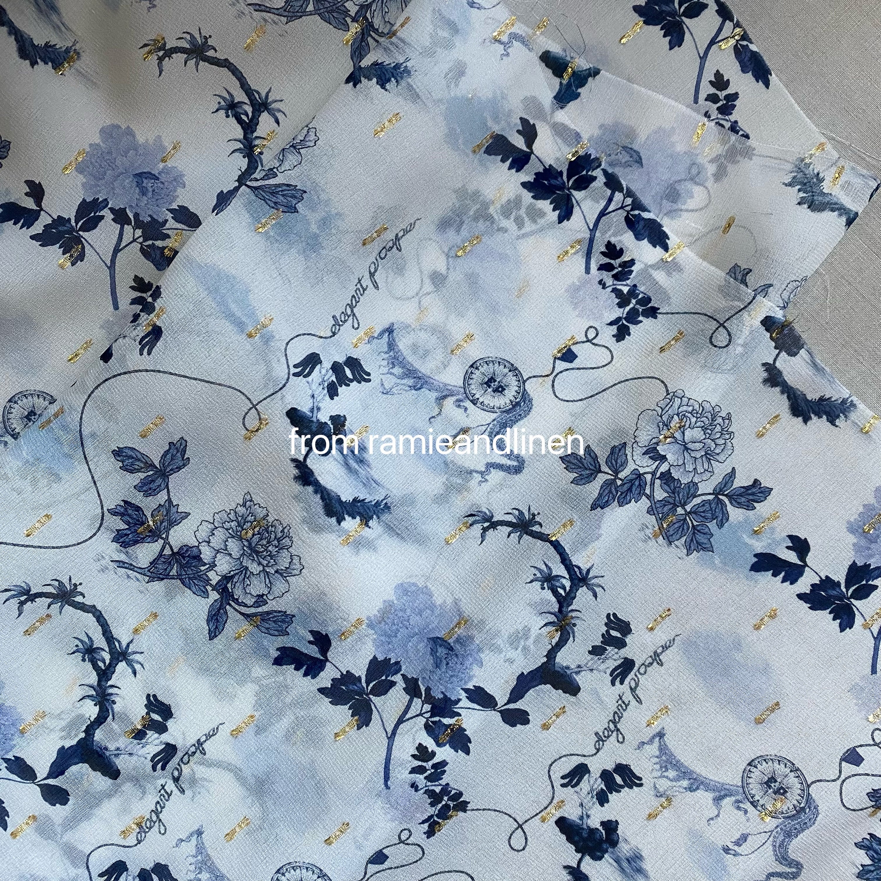 Silk Fabric, HARD YARD by 55" Wide, Vintage Style Pattern China Blue ...