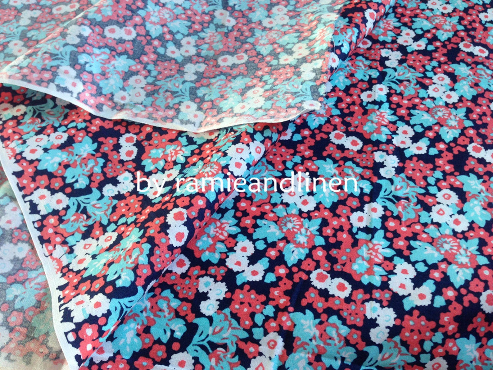 Cotton Fabric, Vintage Style Floral Print on Dark Navy Cotton Fabric ...