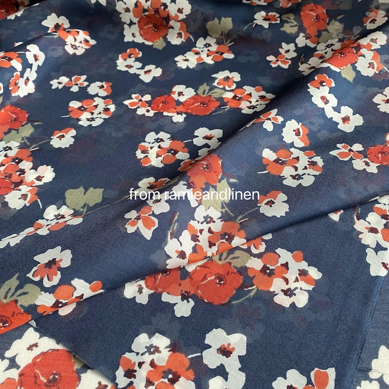 Silk Fabric, Floral Print on Deep Navy Blue Silk Cotton Blend Fabric ...