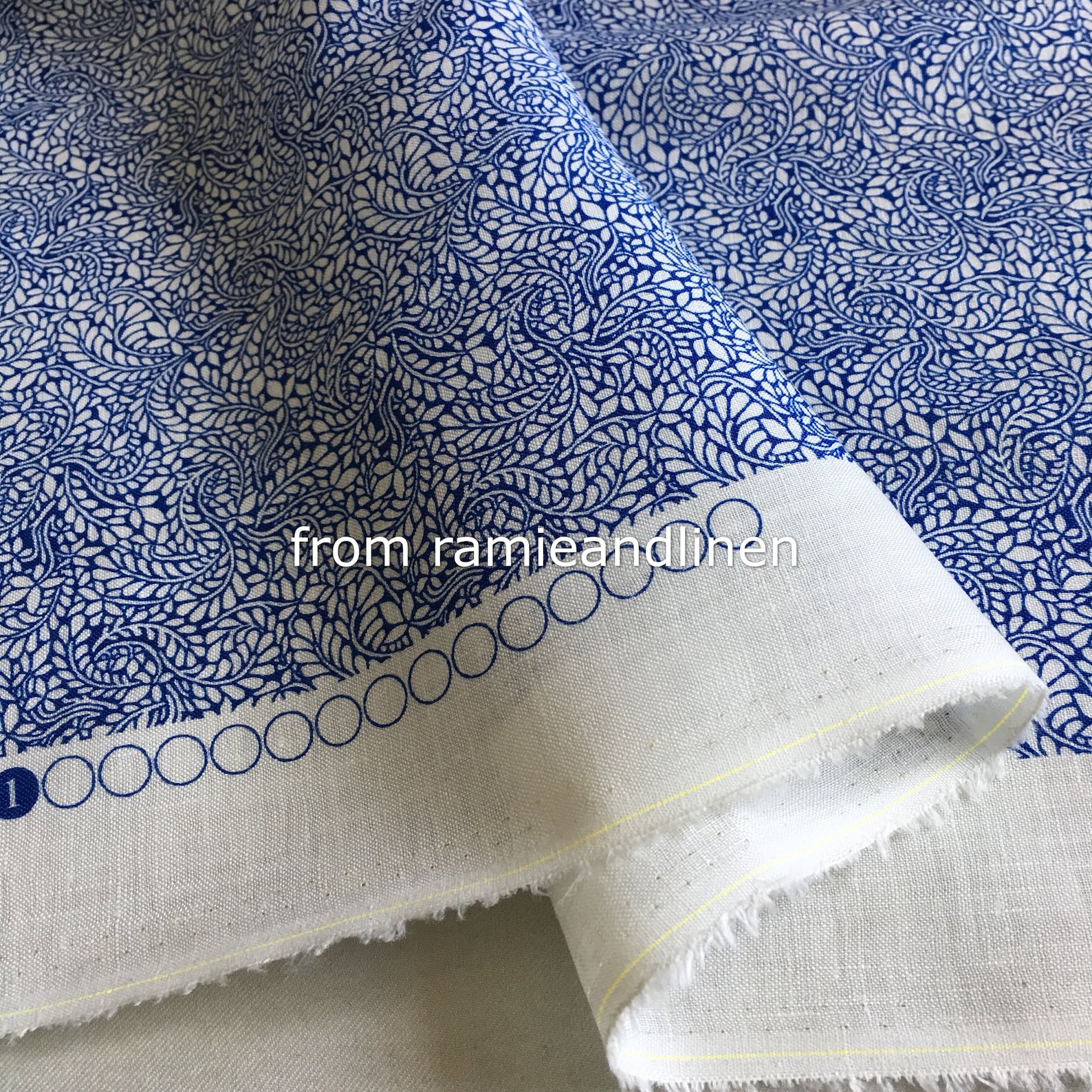 Japanese Linen Fabric, Blue Scroll Grass Pattern Print Fine Linen ...
