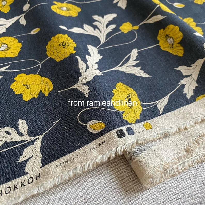 Japanese Linen Fabric, Line Drawing Style Yellow Poppy Flowers Print ...