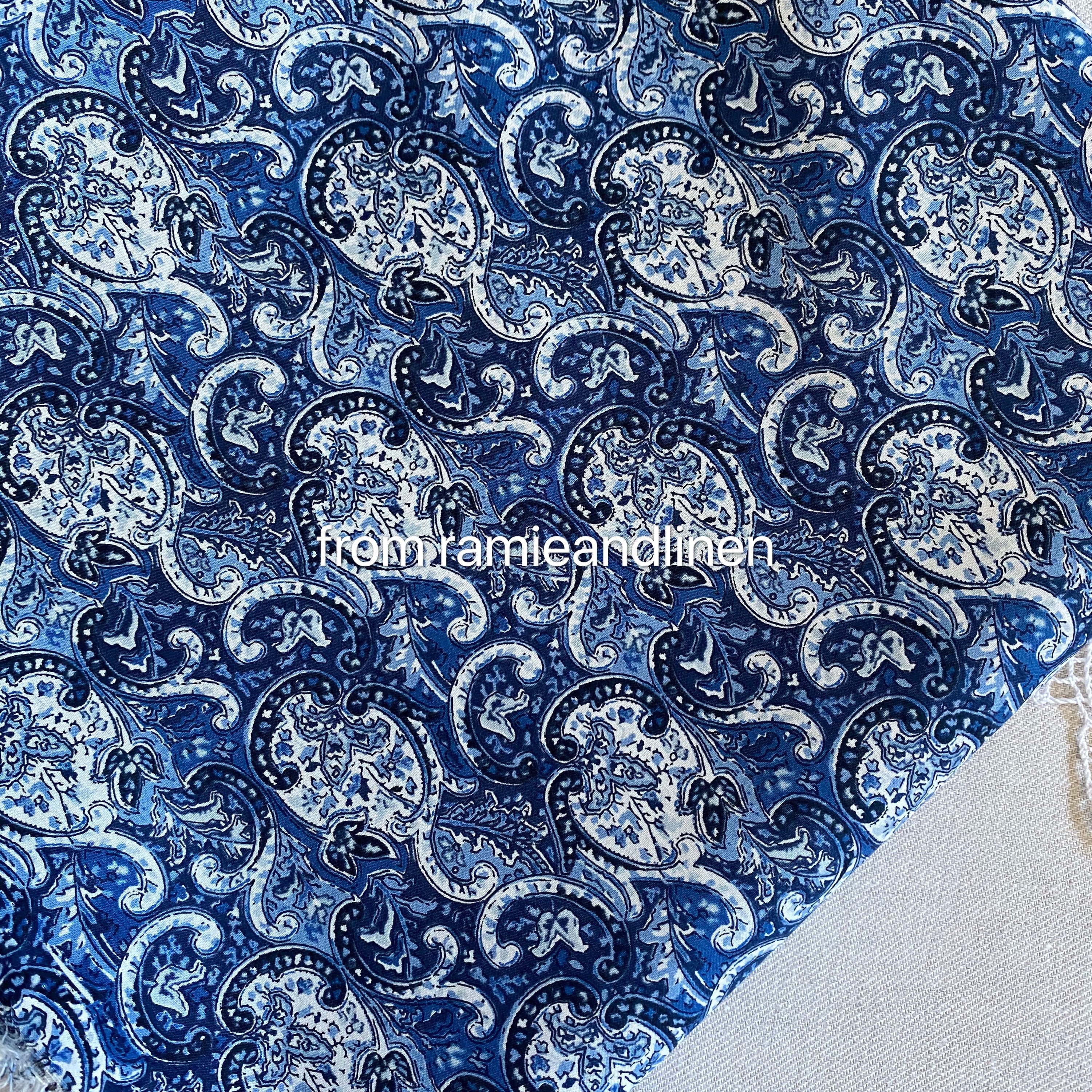 Japanese Cotton Fabric, Blue Vintage Floral Pattern Print Fine Silky ...