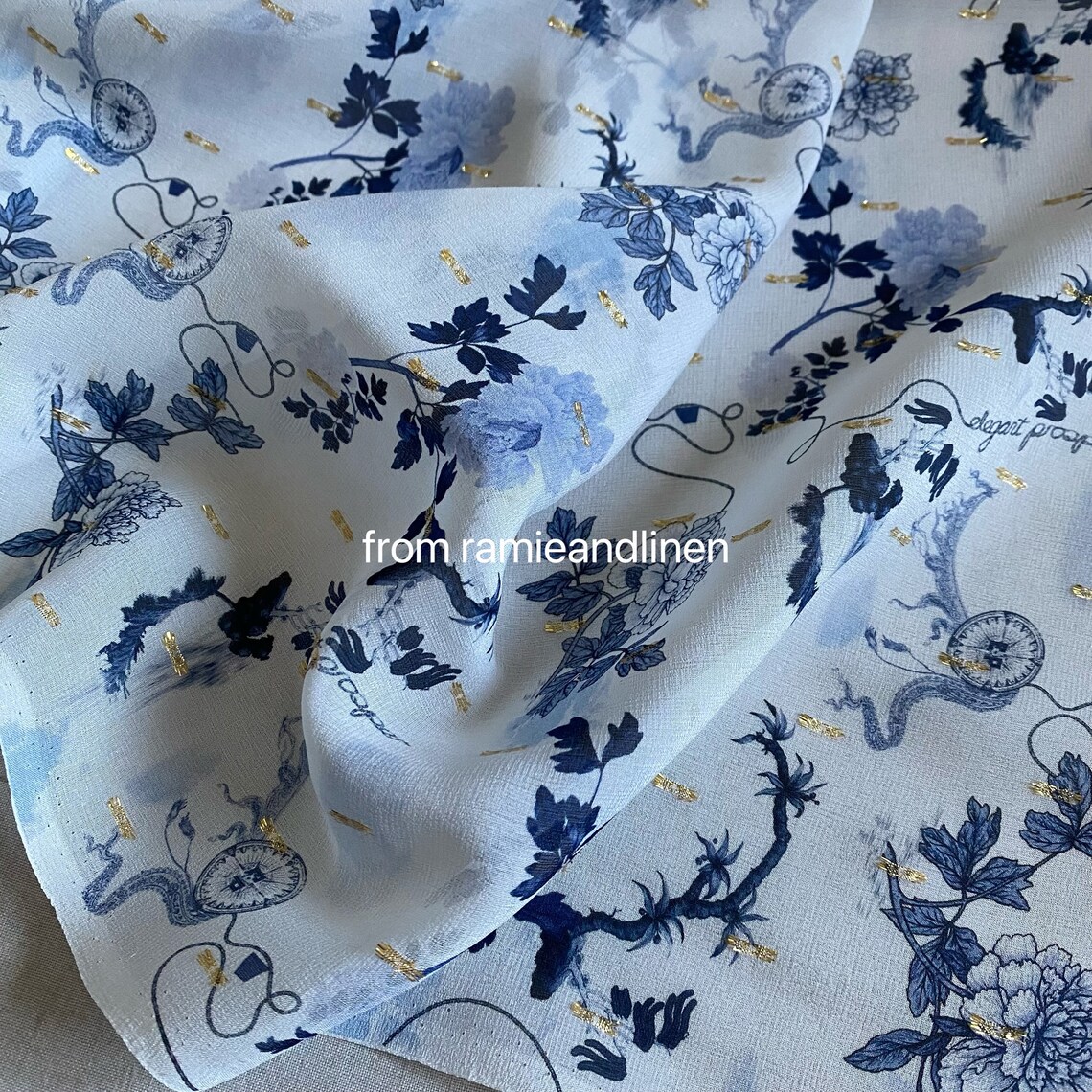 Silk Fabric, HARD YARD by 55" Wide, Vintage Style Pattern China Blue ...