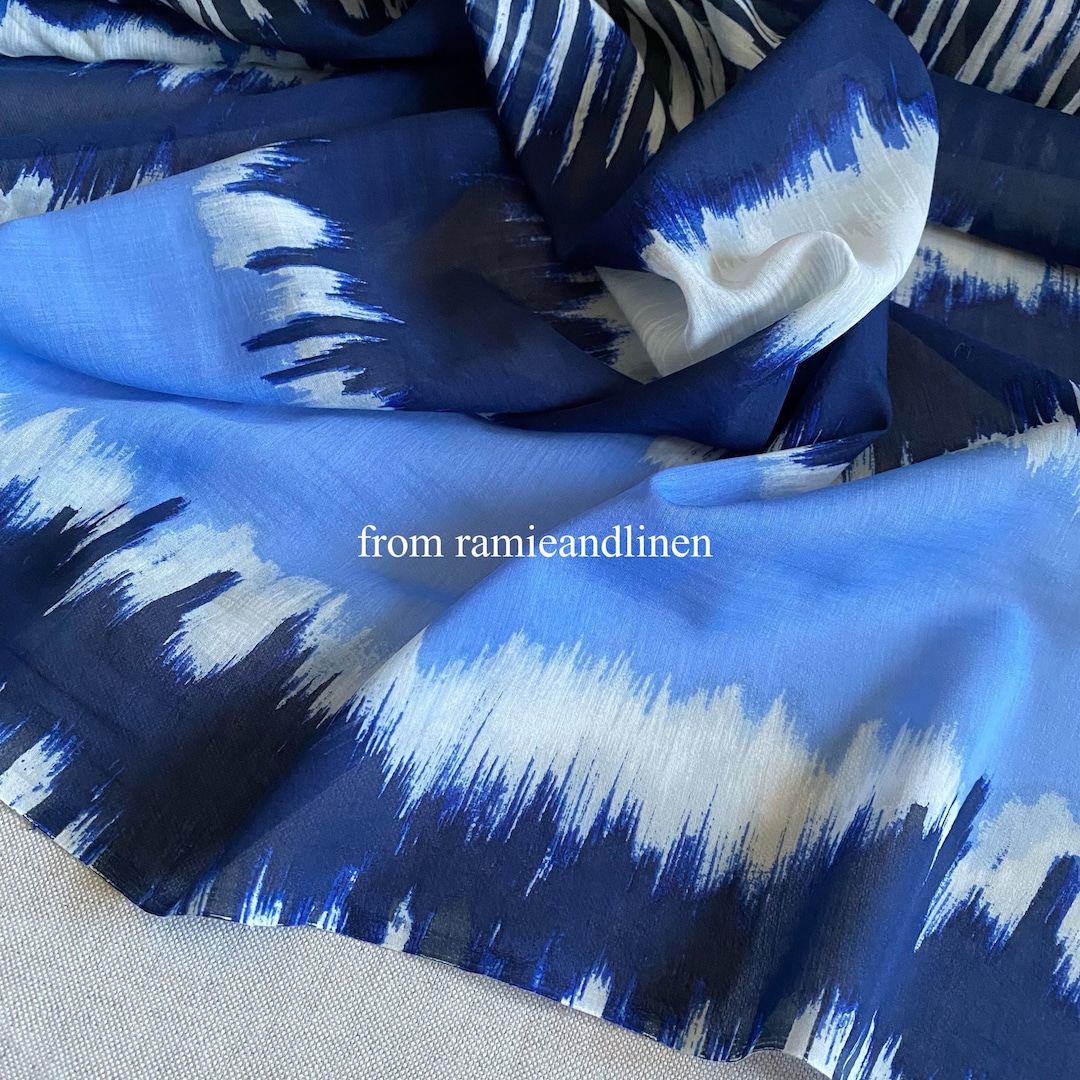 Silk Fabric, Blue and White Ikat Pattern Print, Silk Cotton Blend ...