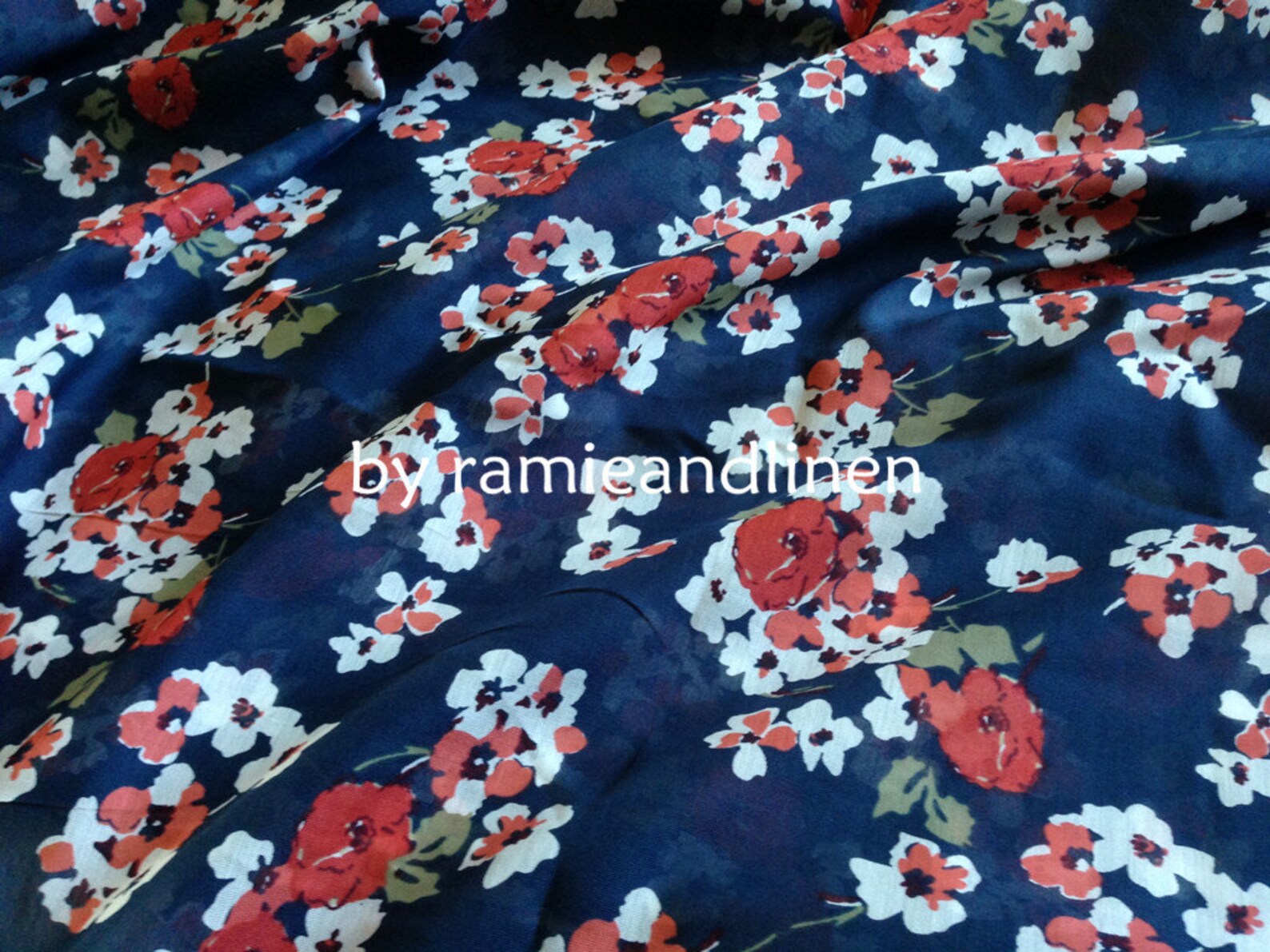Silk Fabric, Floral Print on Deep Navy Blue Silk Cotton Blend Fabric ...