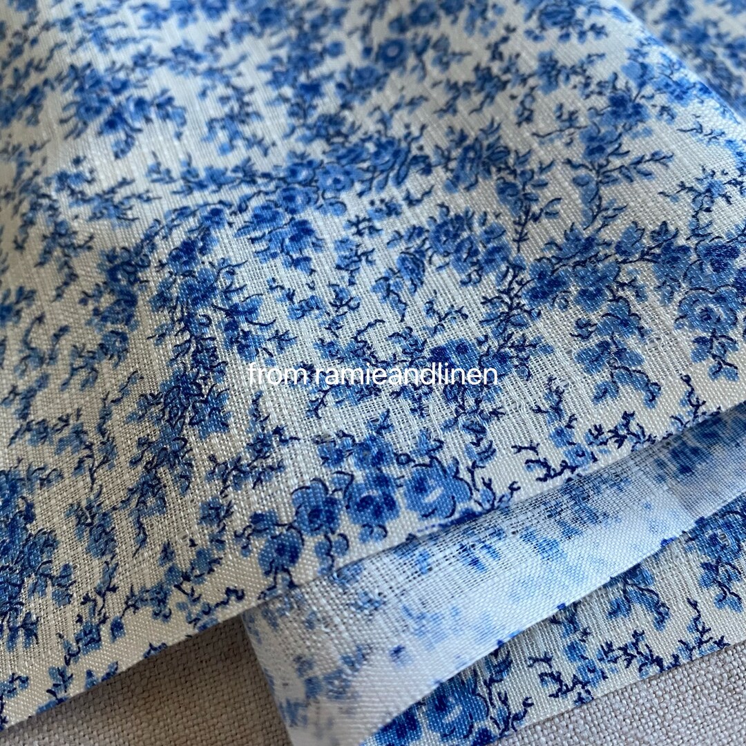 Japanese Linen Fabric, HALF YARD by 43 Wide, Blue Mini Flower Branches ...