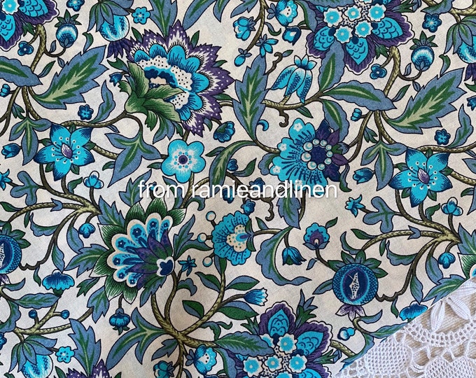 Japanese Linen Fabric, Blue Scroll Grass Pattern Print Fine Linen ...