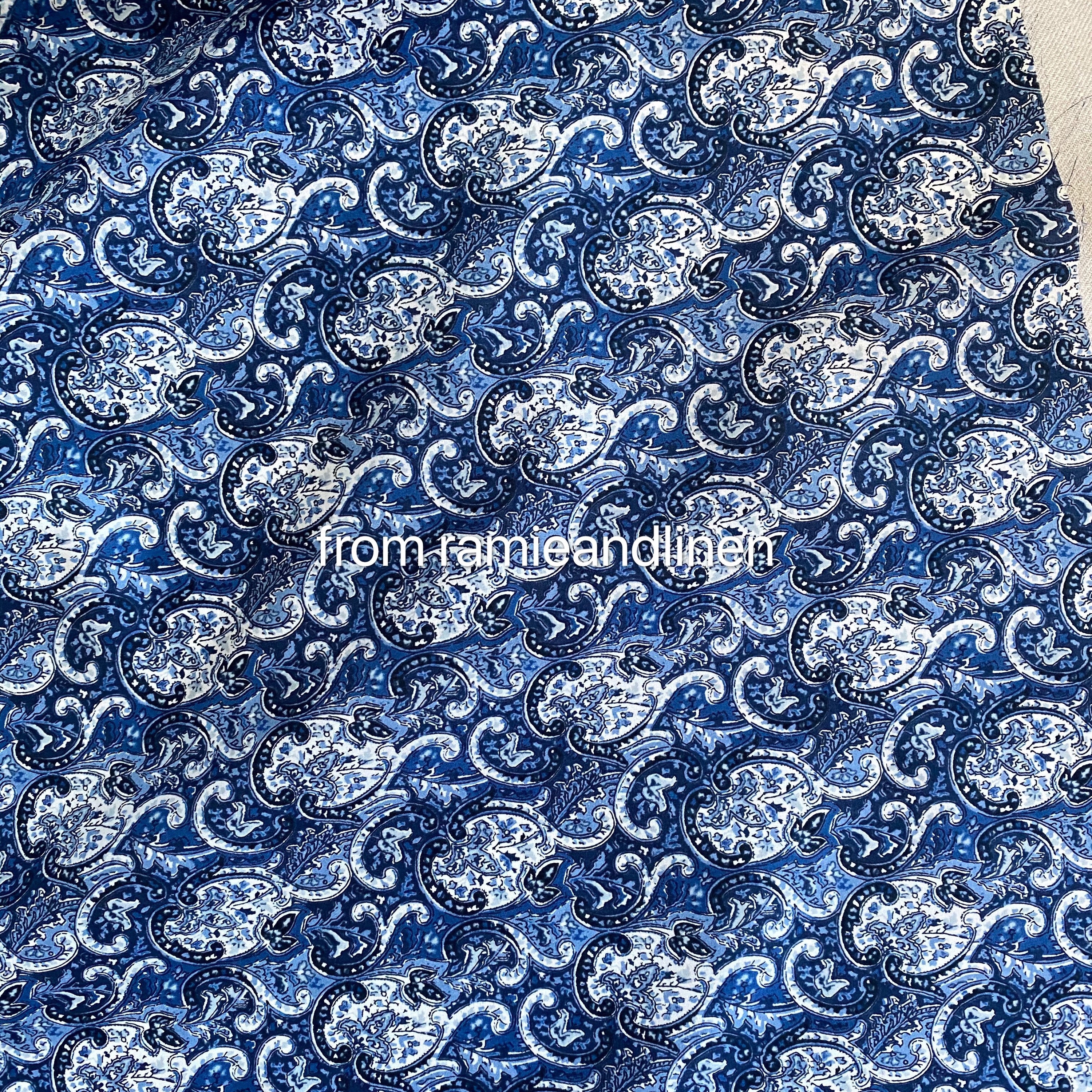 Japanese Cotton Fabric, Blue Vintage Floral Pattern Print Fine Silky ...