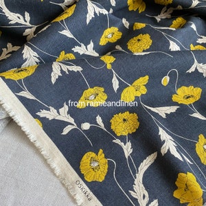 Japanese Linen Fabric, Line Drawing Style Yellow Poppy Flowers Print ...